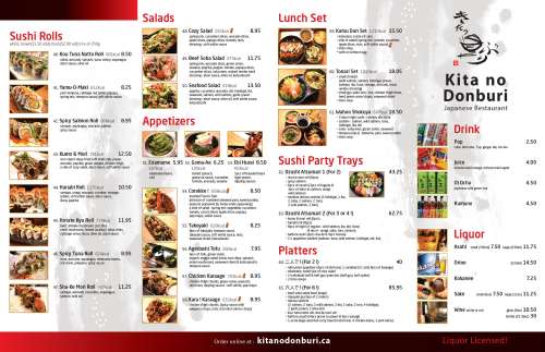 Kita No Donburi menu in Vancouver, British Columbia, Canada