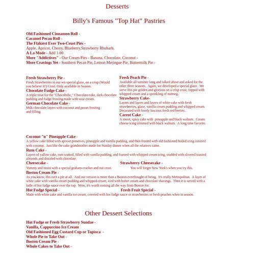 Billy Reed's Palm Springs menu in Palm Springs, California, USA