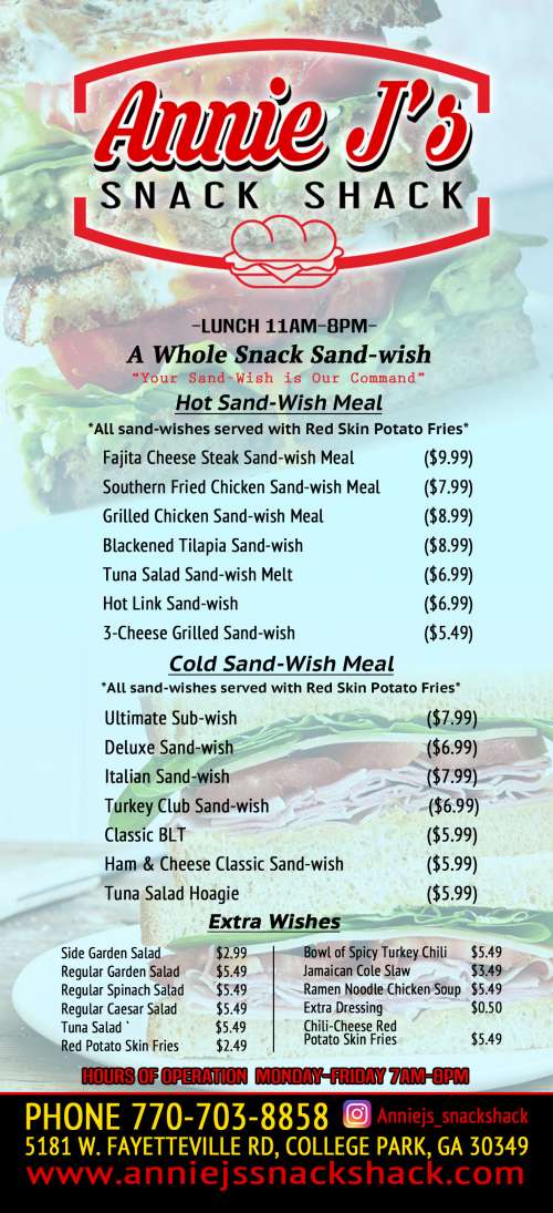 Annie J's Snack Shack menu in Atlanta, Georgia, USA