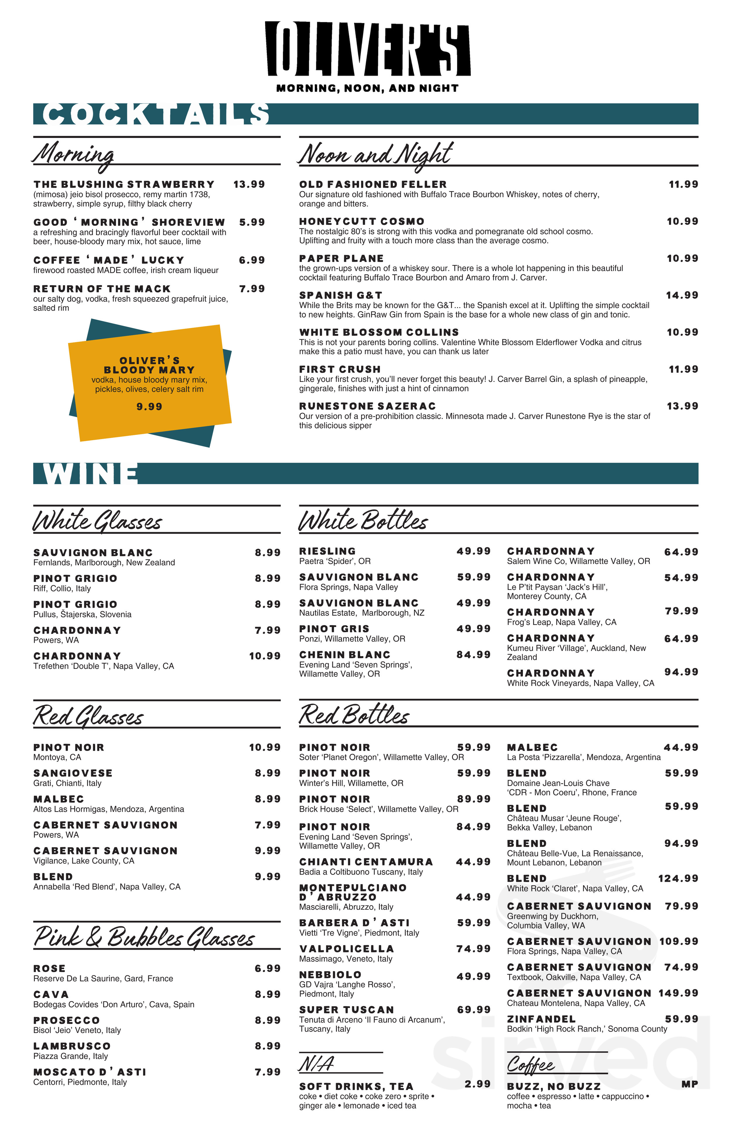 Oliver's menu in Shoreview, Minnesota, USA