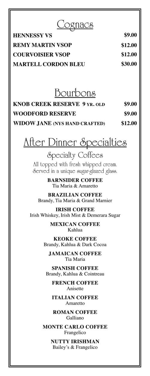 Barnsider menu in Colonie, New York, USA