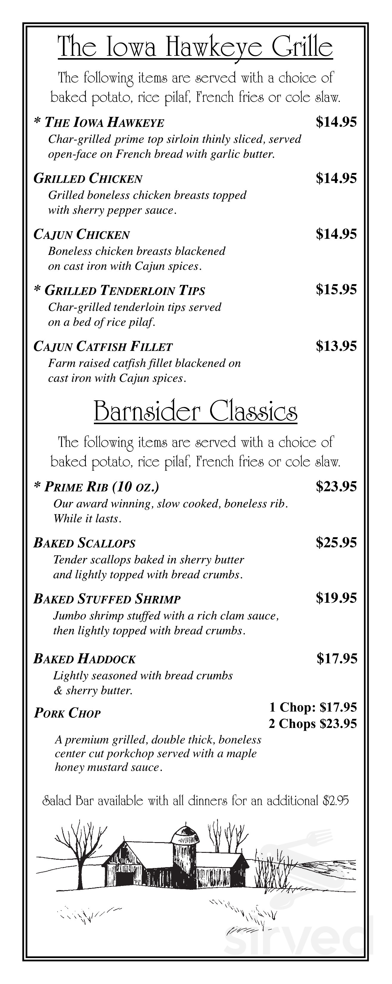 Barnsider menu in Colonie, New York, USA