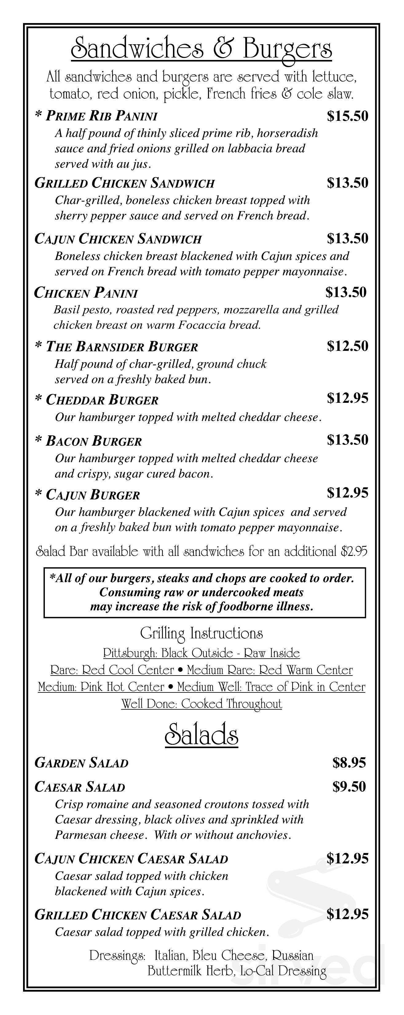 Barnsider menu in Colonie, New York, USA