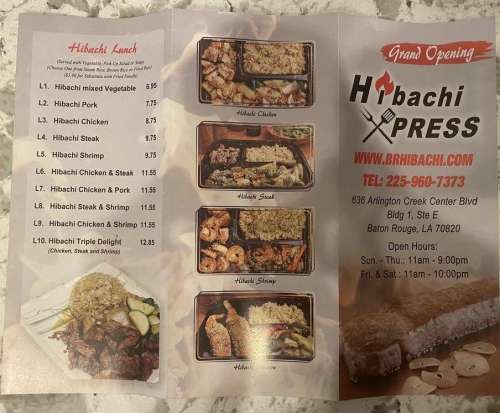Hibachi Xpress menu in Baton Rouge, Louisiana, USA