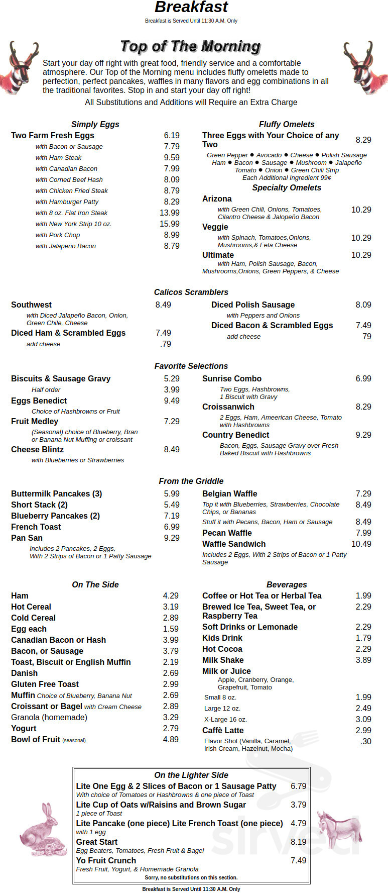 Calico's menu in Kingman, Arizona, USA