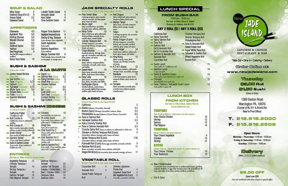 Menu for Jade Island in Warrington, PA | Sirved