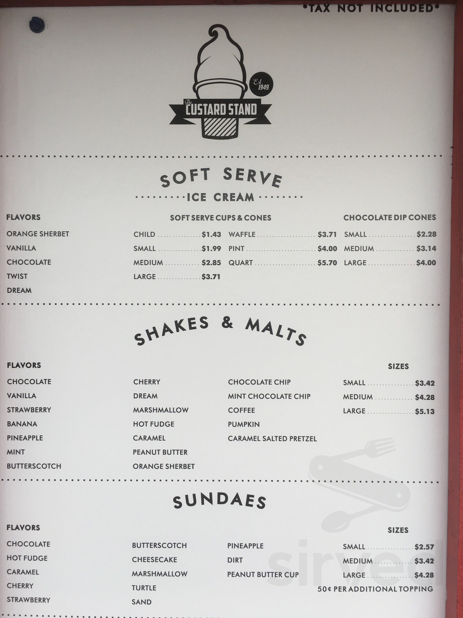 The Custard Stand menu in Sesser, Illinois, USA