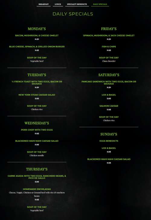 The palms cafe menu in La Quinta, California, USA