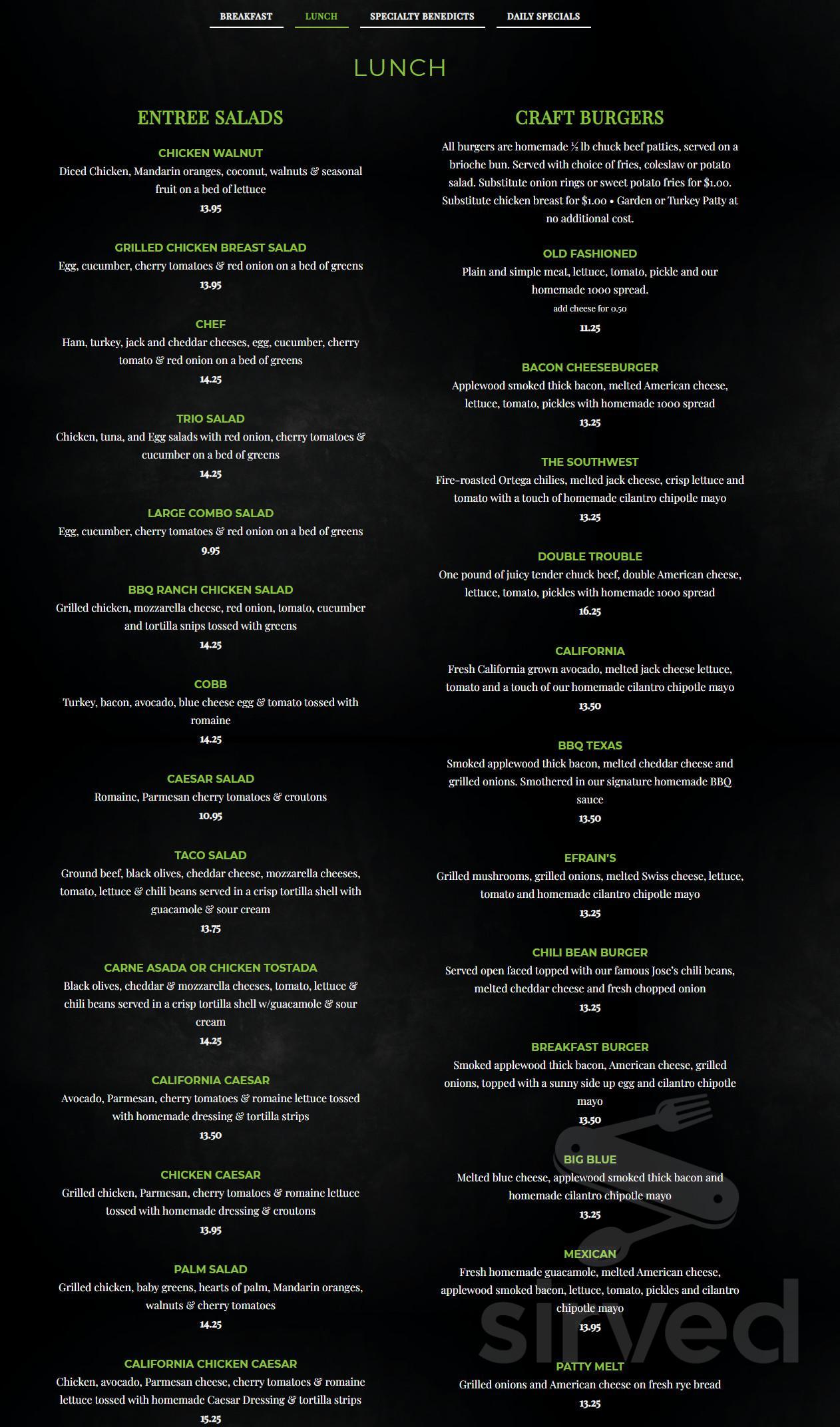 The palms cafe menu in La Quinta, California, USA