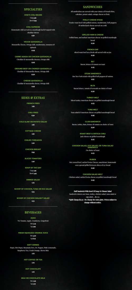 The palms cafe menu in La Quinta, California, USA