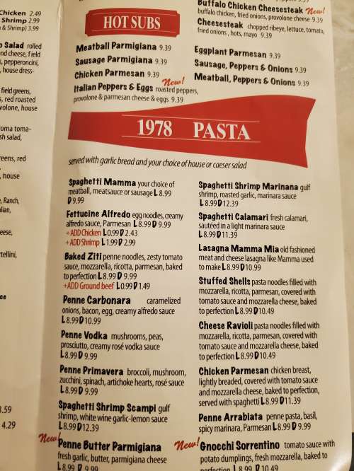 1978 New York Pizzeria menu in Pasadena, Maryland, USA