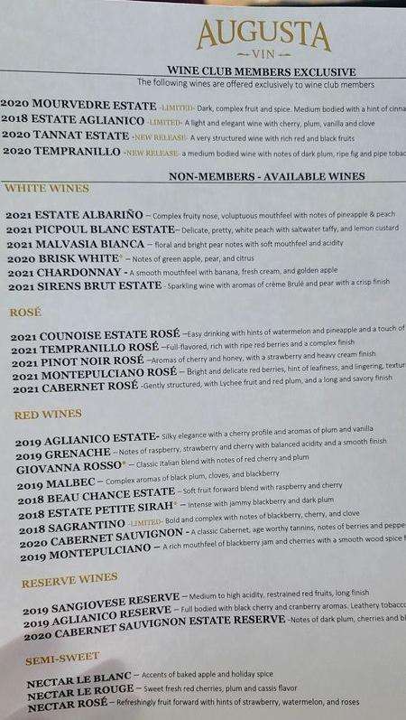 Augusta Vin menu in Fredericksburg, Texas, USA