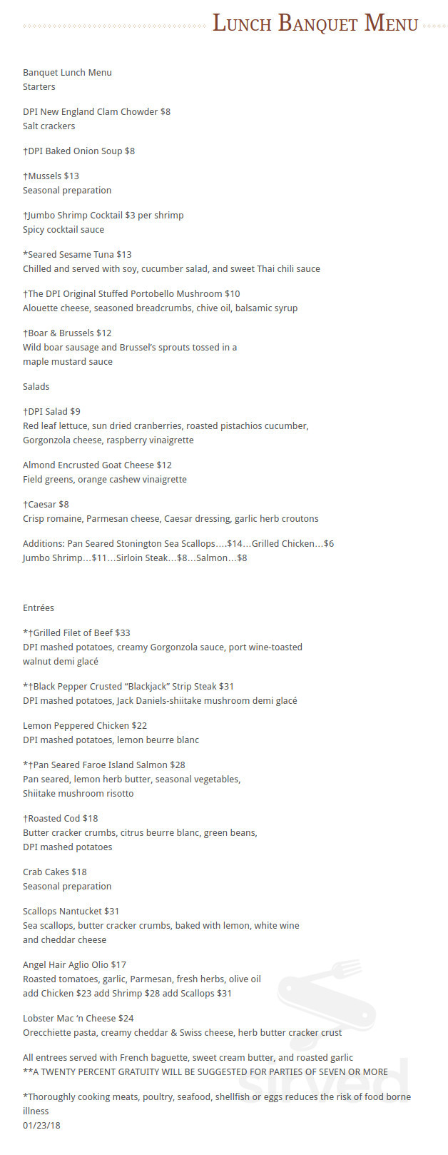 Captain Daniel Packer Inne menu in Mystic, Connecticut, USA