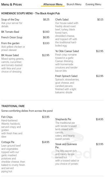 The Black Knight Pub menu in Yellowknife, Northwest Territories, Canada