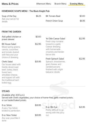 The Black Knight Pub menu in Yellowknife, Northwest Territories, Canada