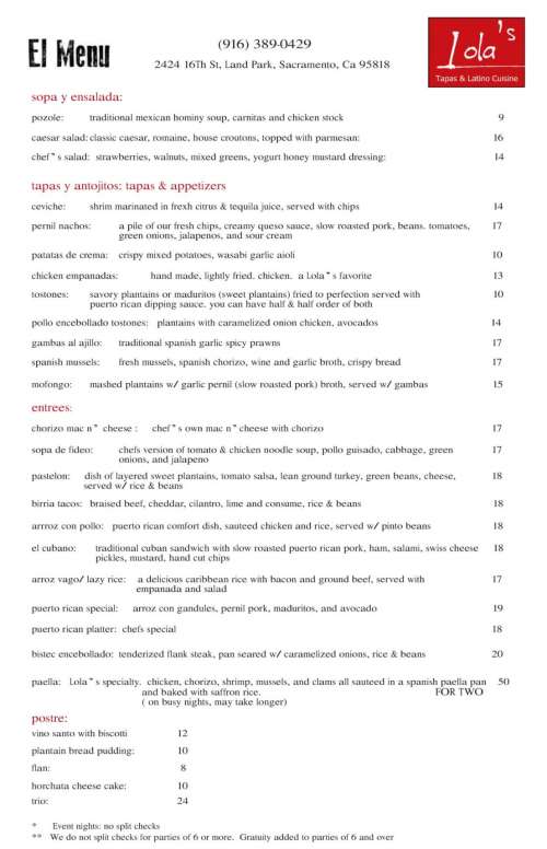Lola's Lounge menu in Sacramento, California, USA