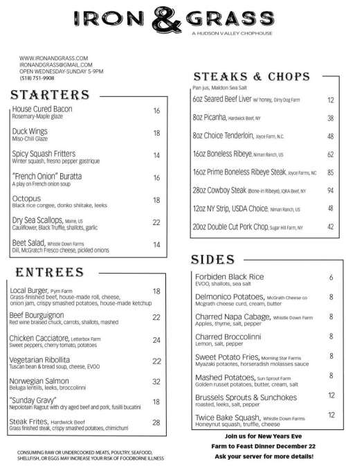 Iron & Grass menu in Hudson, New York, USA