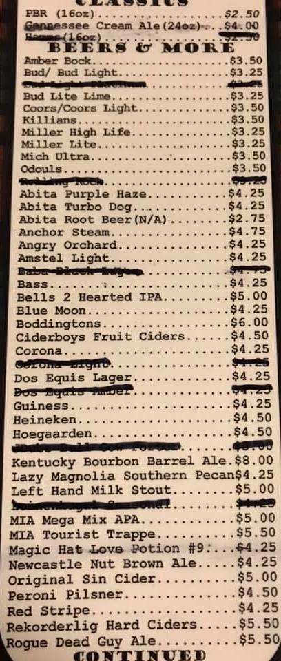 Elbow Room menu in Pensacola, Florida, USA