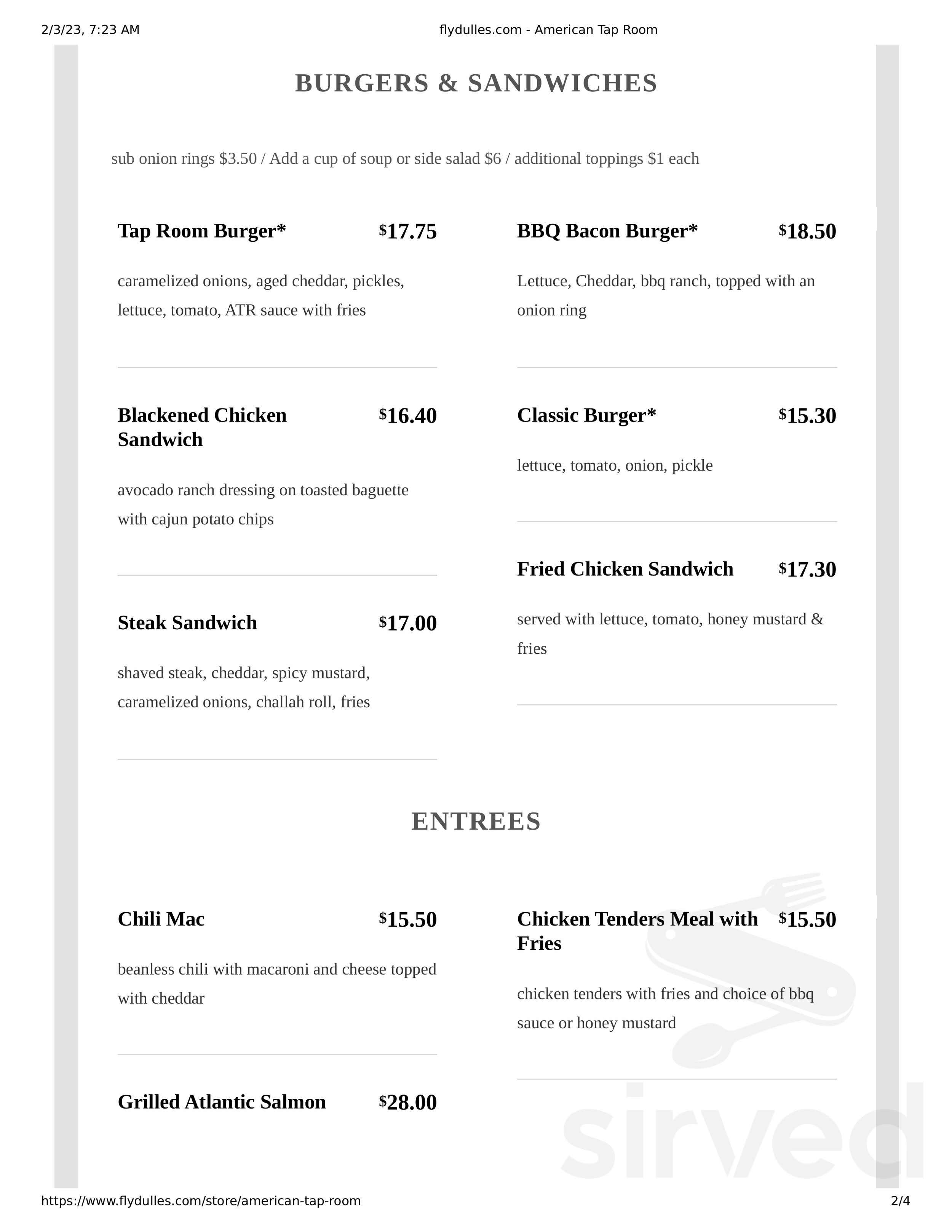 Menu - Chantilly VA's American Tap Room | Sirved