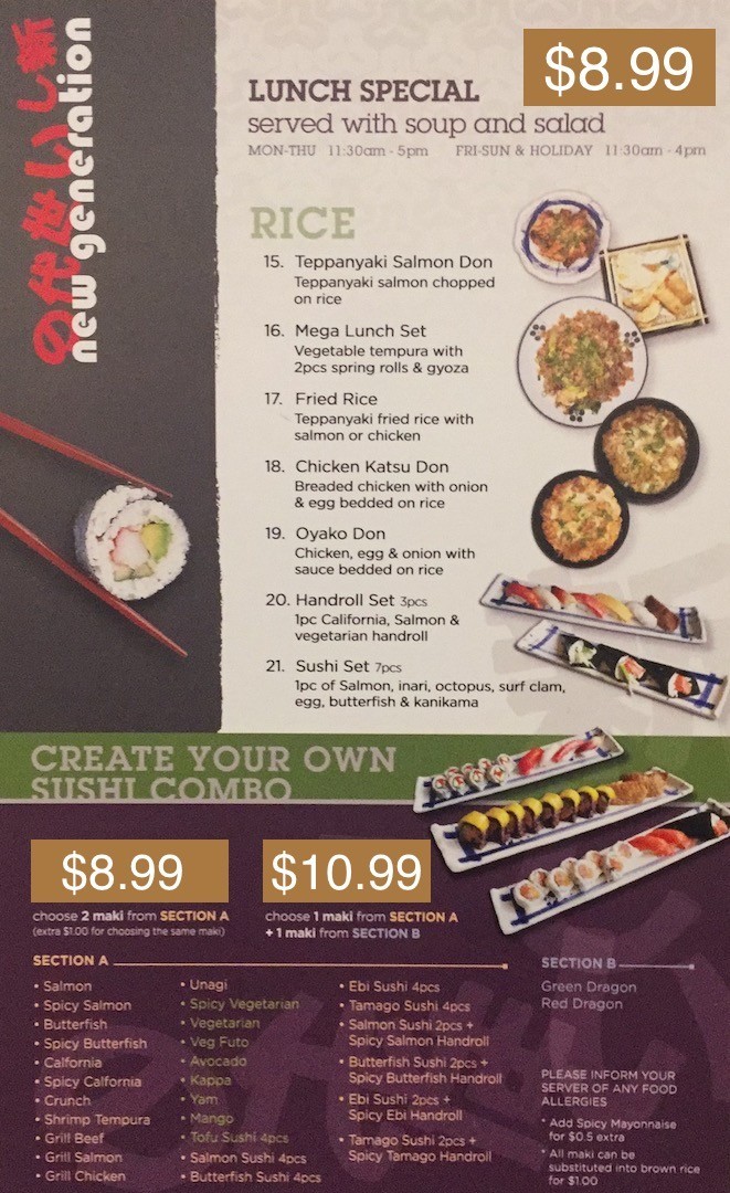 New Generation Sushi menu in Toronto, Ontario, Canada