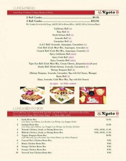 Kyoto Asian Cuisine menu in Georgetown, Texas, USA