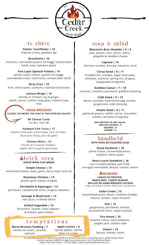 Cedar Creek Grill House menu in Rothschild, Wisconsin, USA