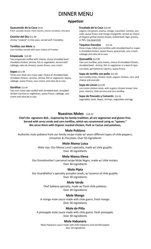 Los Moles Hecho En Casa menu in San Rafael, California, USA