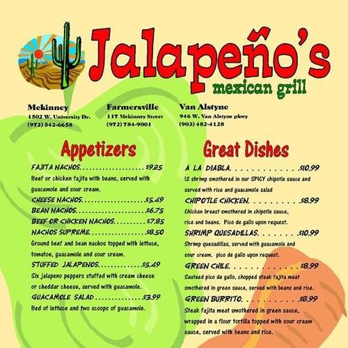 Jalapeno's Mexican Grill menu in McKinney, Texas, USA