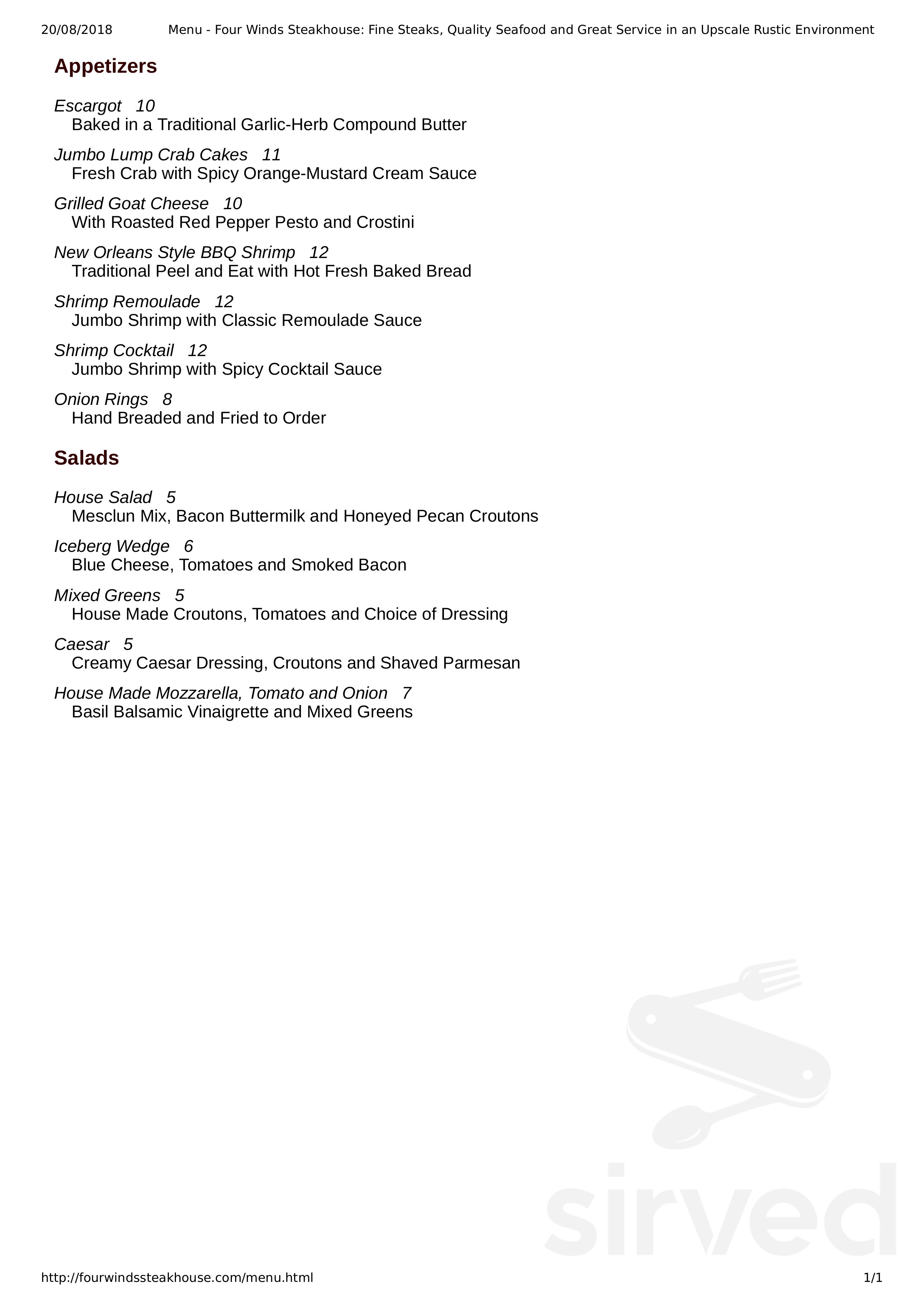 Four Winds Steakhouse menu in Wills Point, Texas, USA