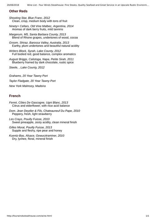 Four Winds Steakhouse menu in Wills Point, Texas, USA
