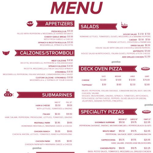 Goomba's Pizza menu in San Antonio, Texas, USA