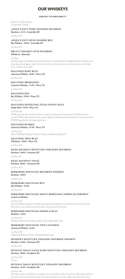 Moe's Tavern menu in Lee, Massachusetts, USA