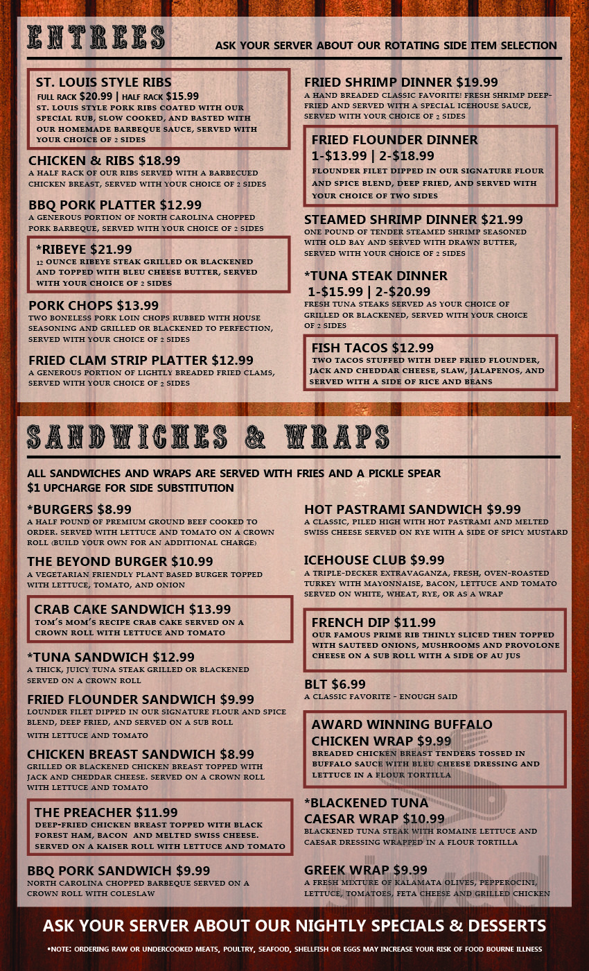Icehouse Restaurant menu in Virginia Beach, Virginia, USA