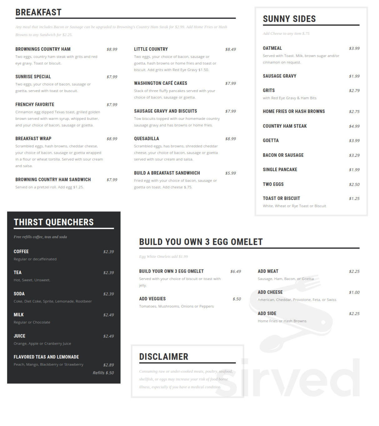 Washington Square Cafe menu in Burlington, Kentucky, USA