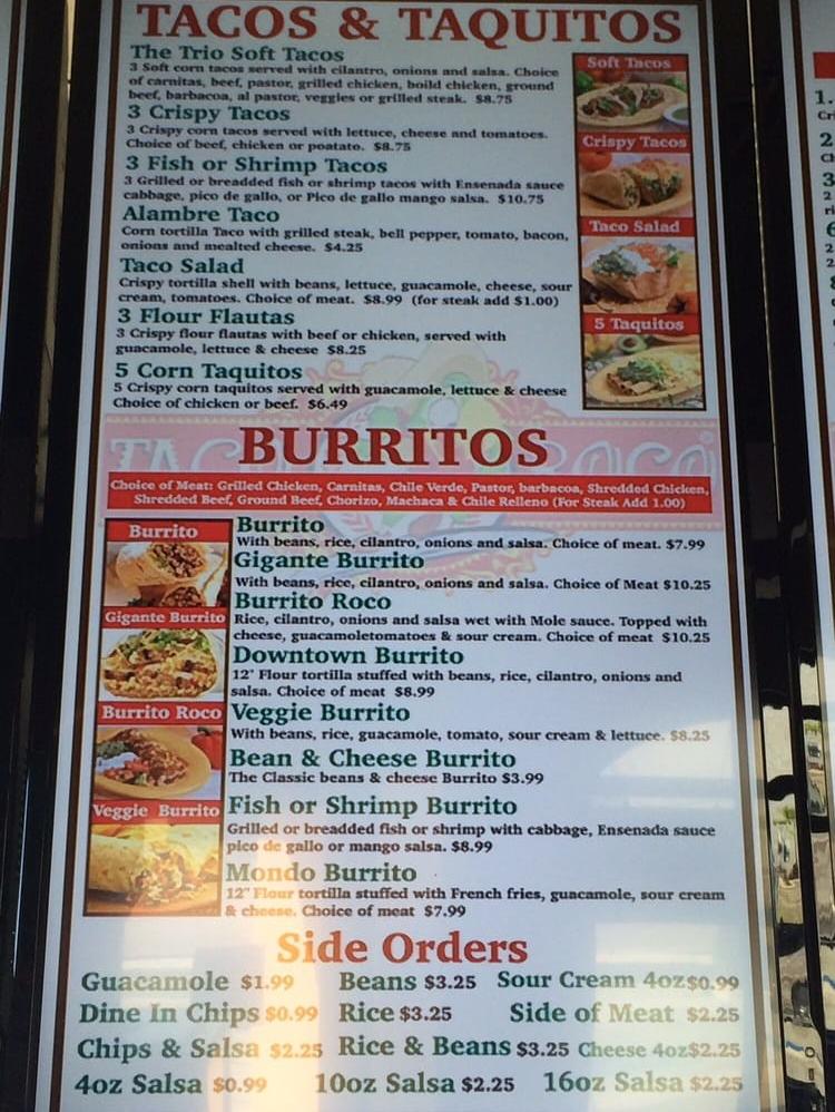 Taco Roco menu in San Luis Obispo, California, USA