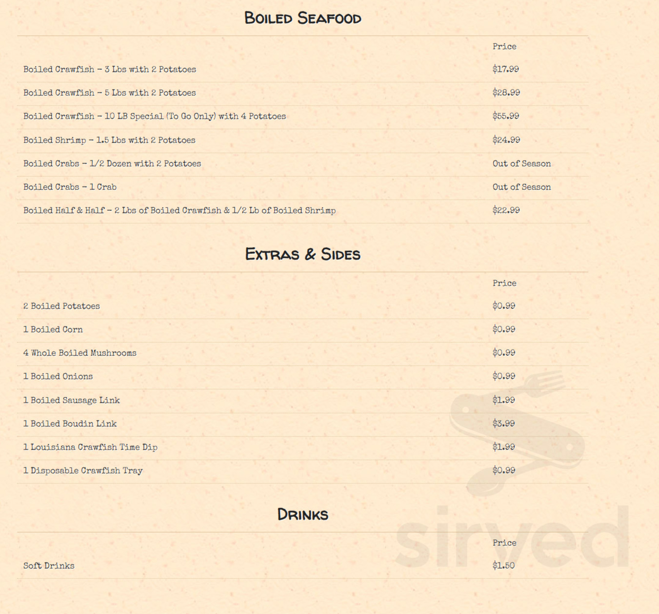 Louisiana Crawfish Time menus in Lafayette, Louisiana, United States