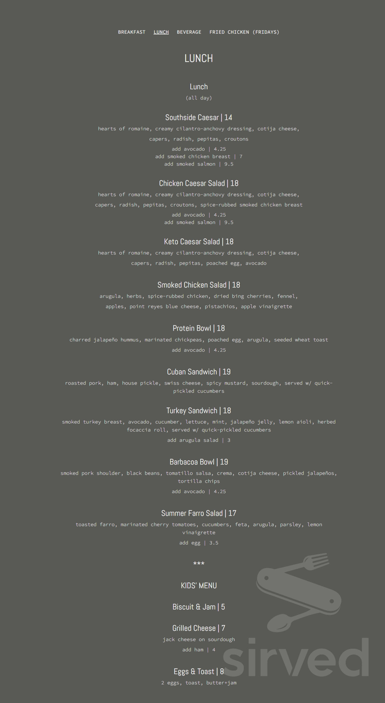 Southside Yountville menu in Yountville, California, USA