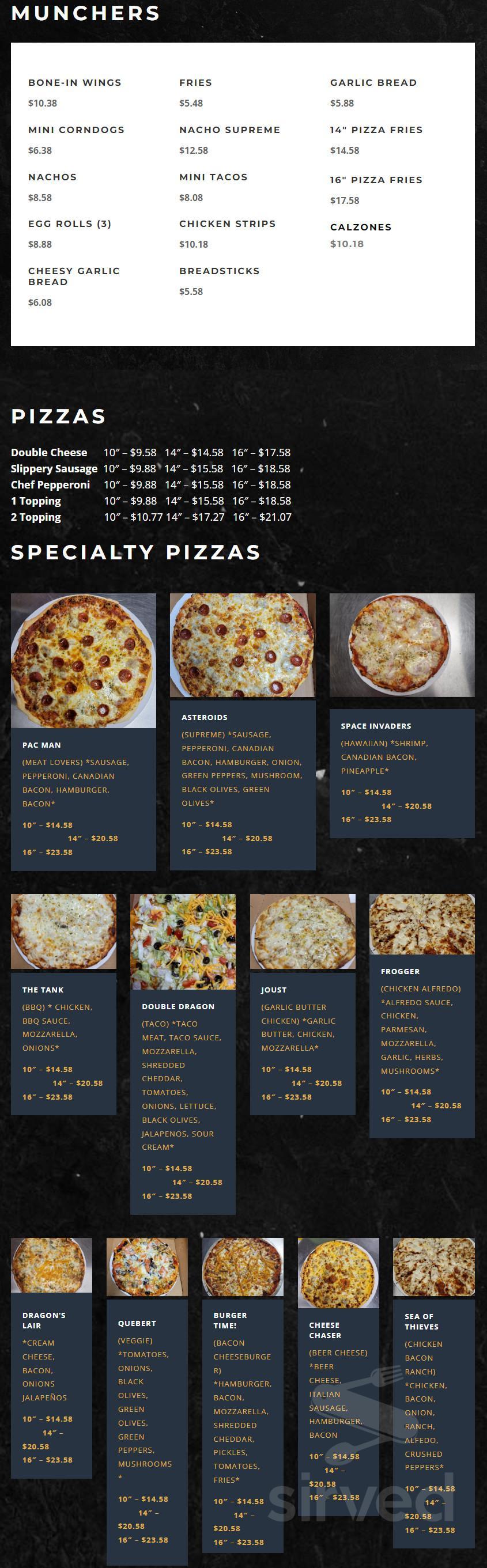 The Pizza Arcade menu in Ellsworth, Wisconsin, USA