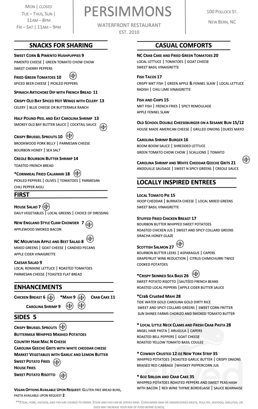 Menu for Persimmons Waterfront Restaurant in New Bern, NC | Sirved