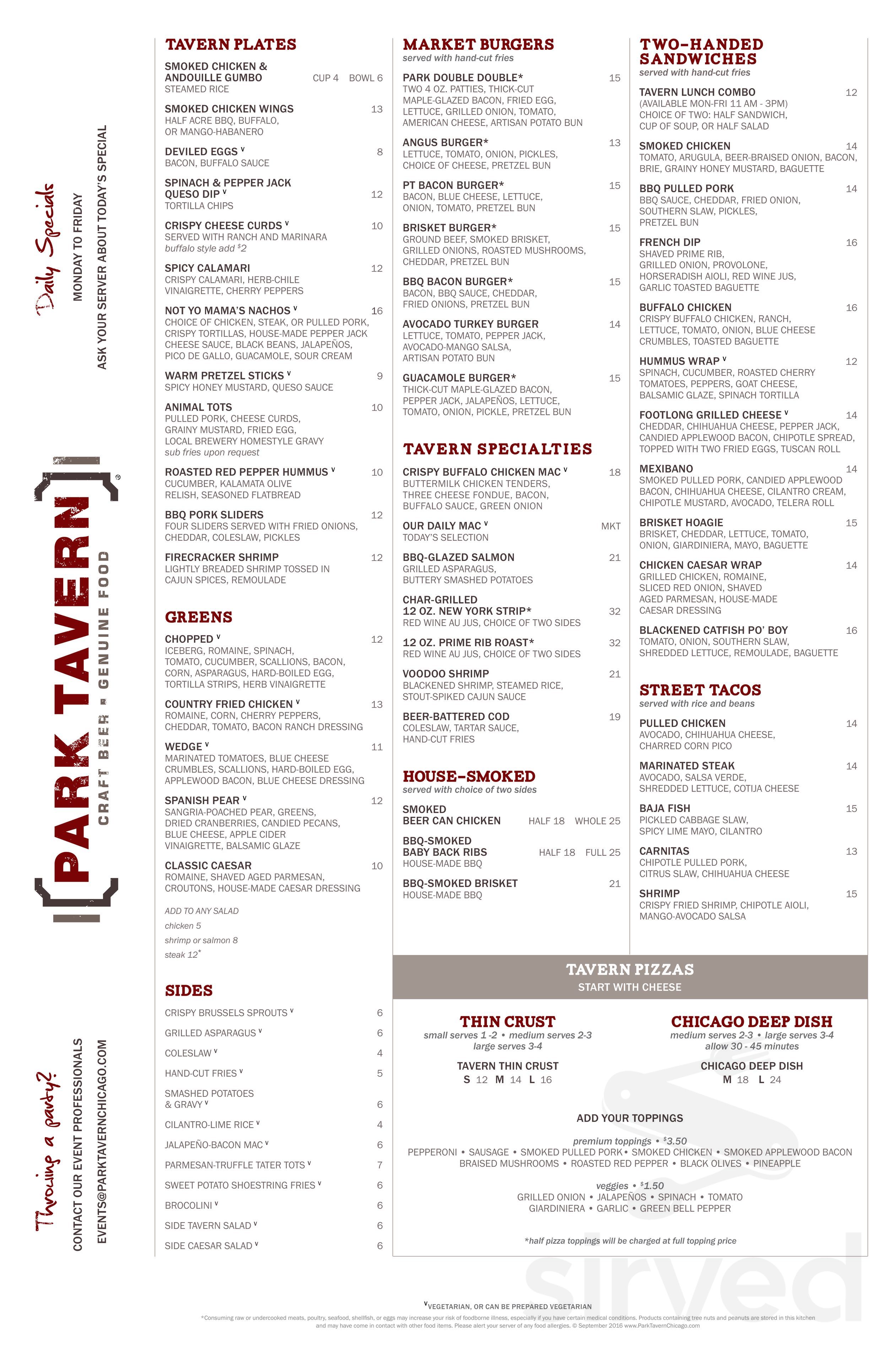 Park Tavern menu in Chicago, Illinois, USA