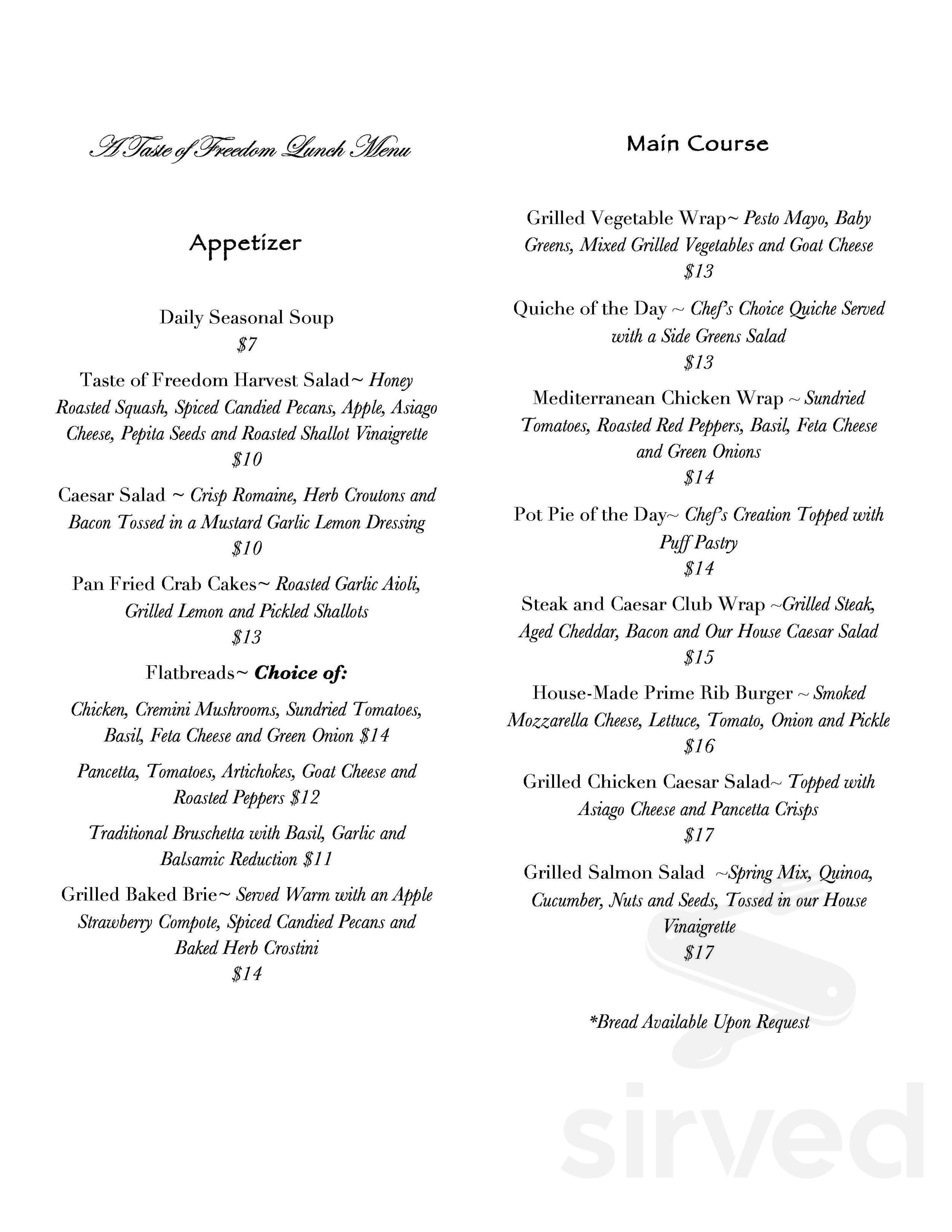 Menu for A Taste Of Freedom in Tottenham, ON | Sirved