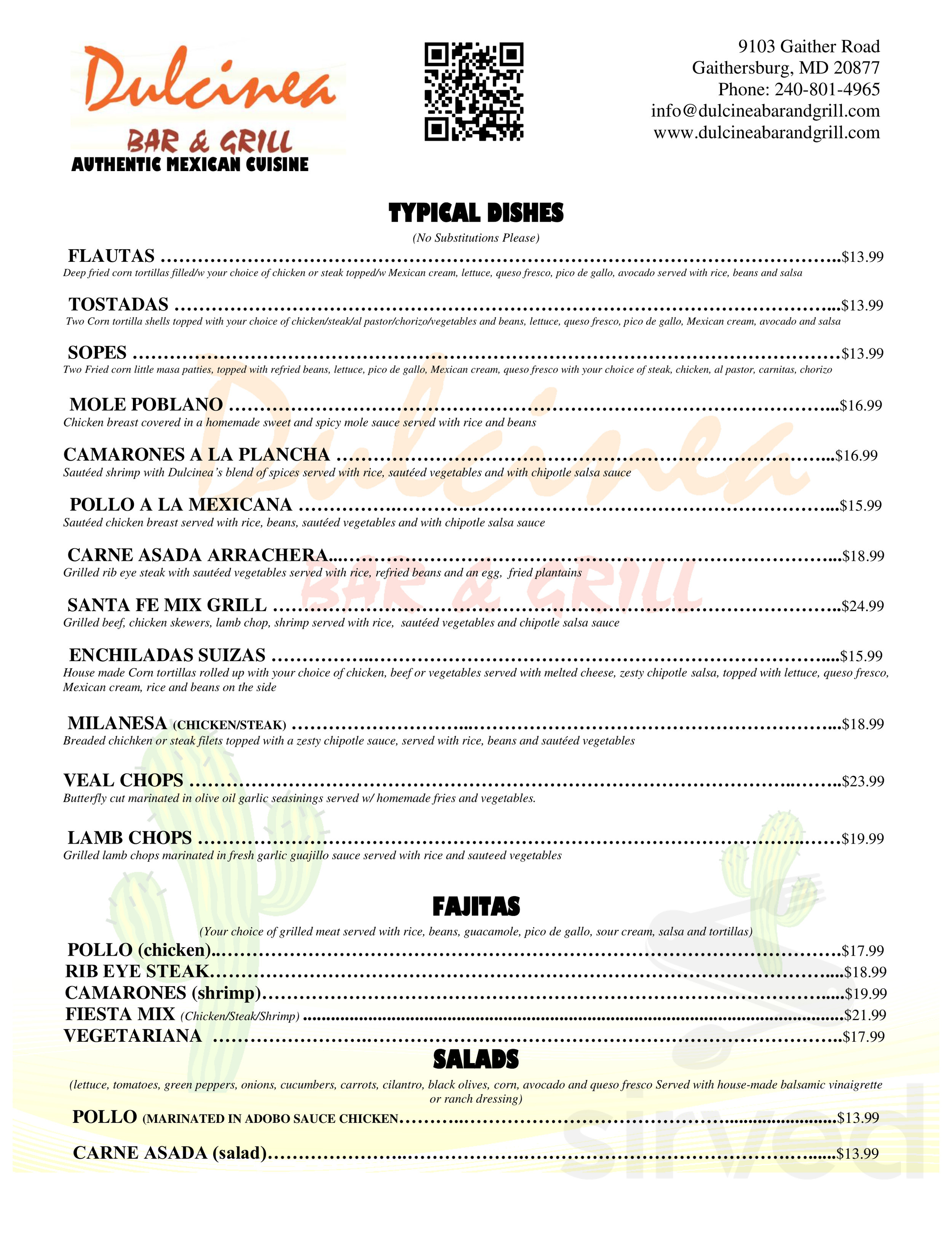 Dulcinea Bar and Grill menu in Gaithersburg, Maryland, USA