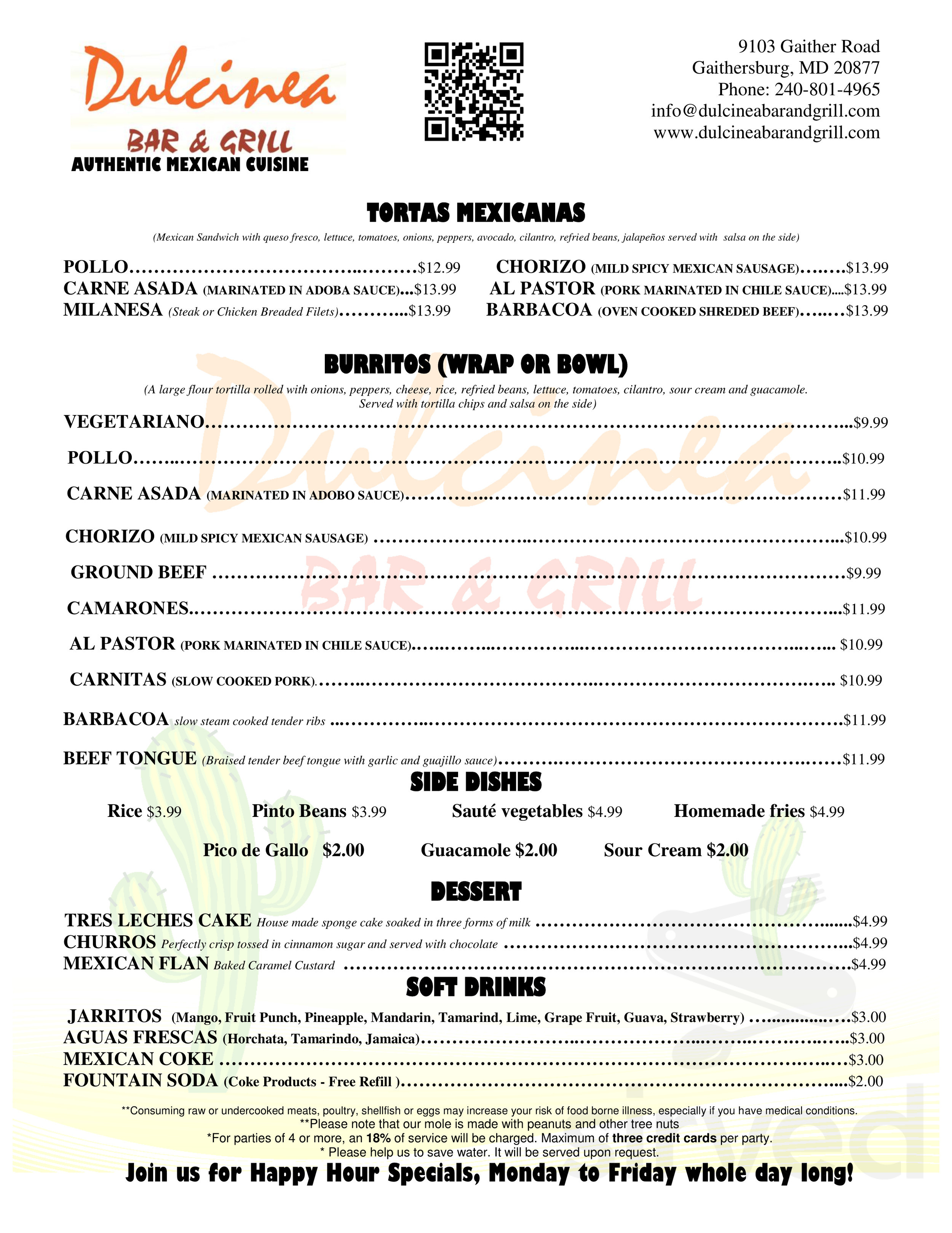 Dulcinea Bar and Grill menu in Gaithersburg, Maryland, USA