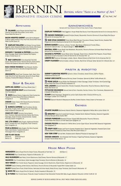 Bernini of Ybor menu in Tampa, Florida, USA