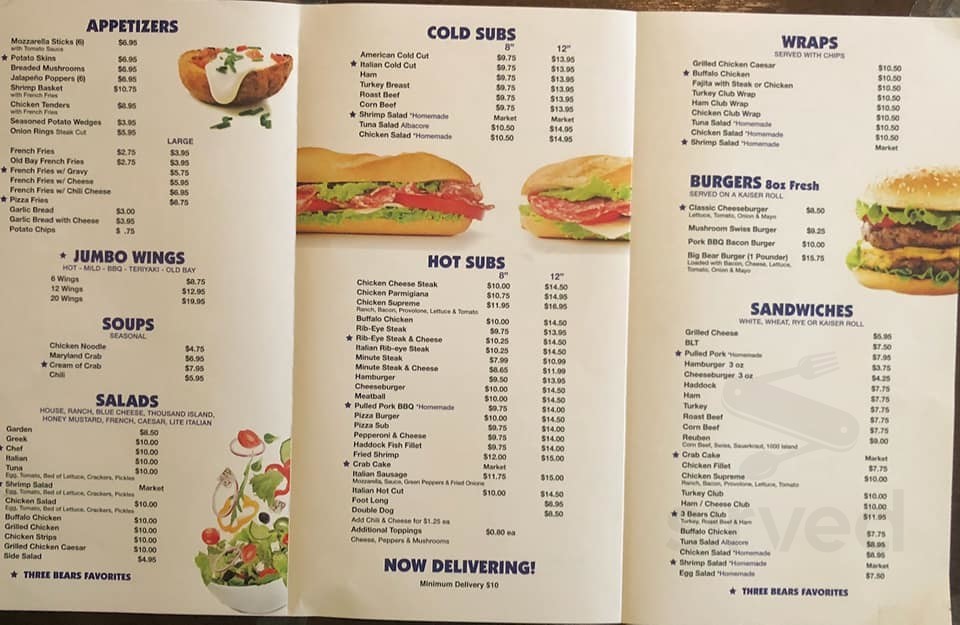 Three Bears Carry Out menu in Baltimore, Maryland, USA