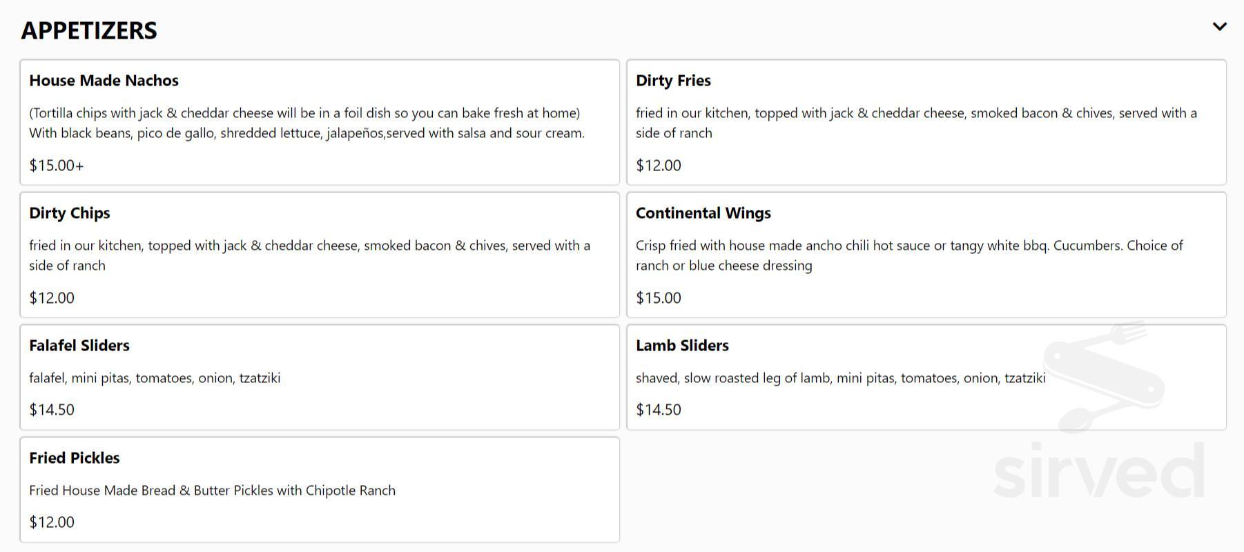 The Continental Manchester menu in Richmond, Virginia, USA