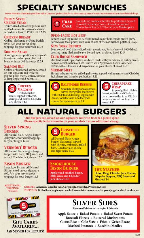 Silver Spring Mining Company menu in Nottingham, Maryland, USA