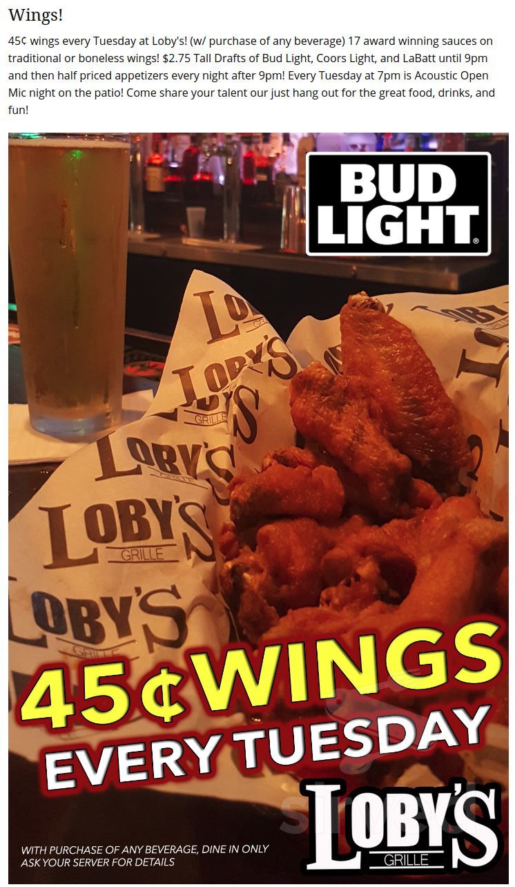 Loby's Bar & Grille menu in Canton, Ohio, USA