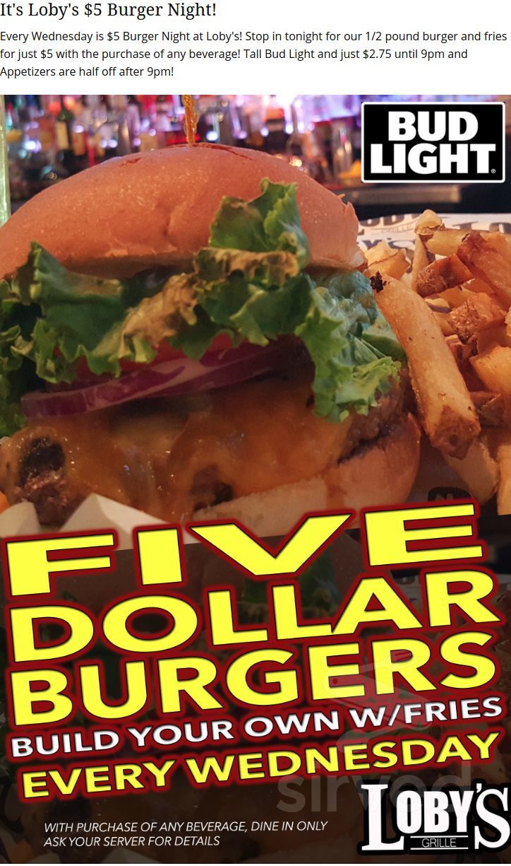 Loby's Bar & Grille menu in Canton, Ohio, USA