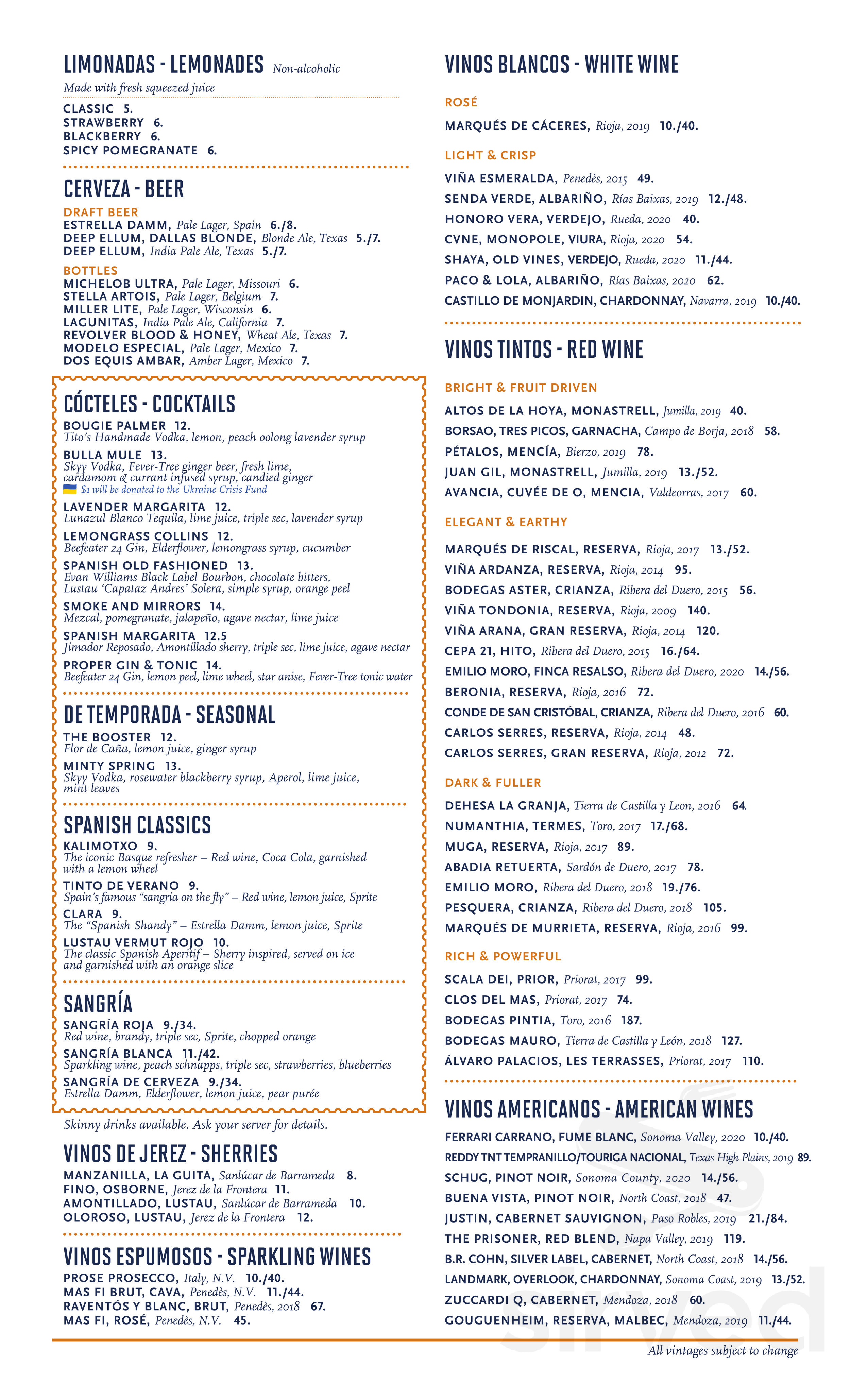 Menu for Bulla Gastrobar in Plano, TX | Sirved